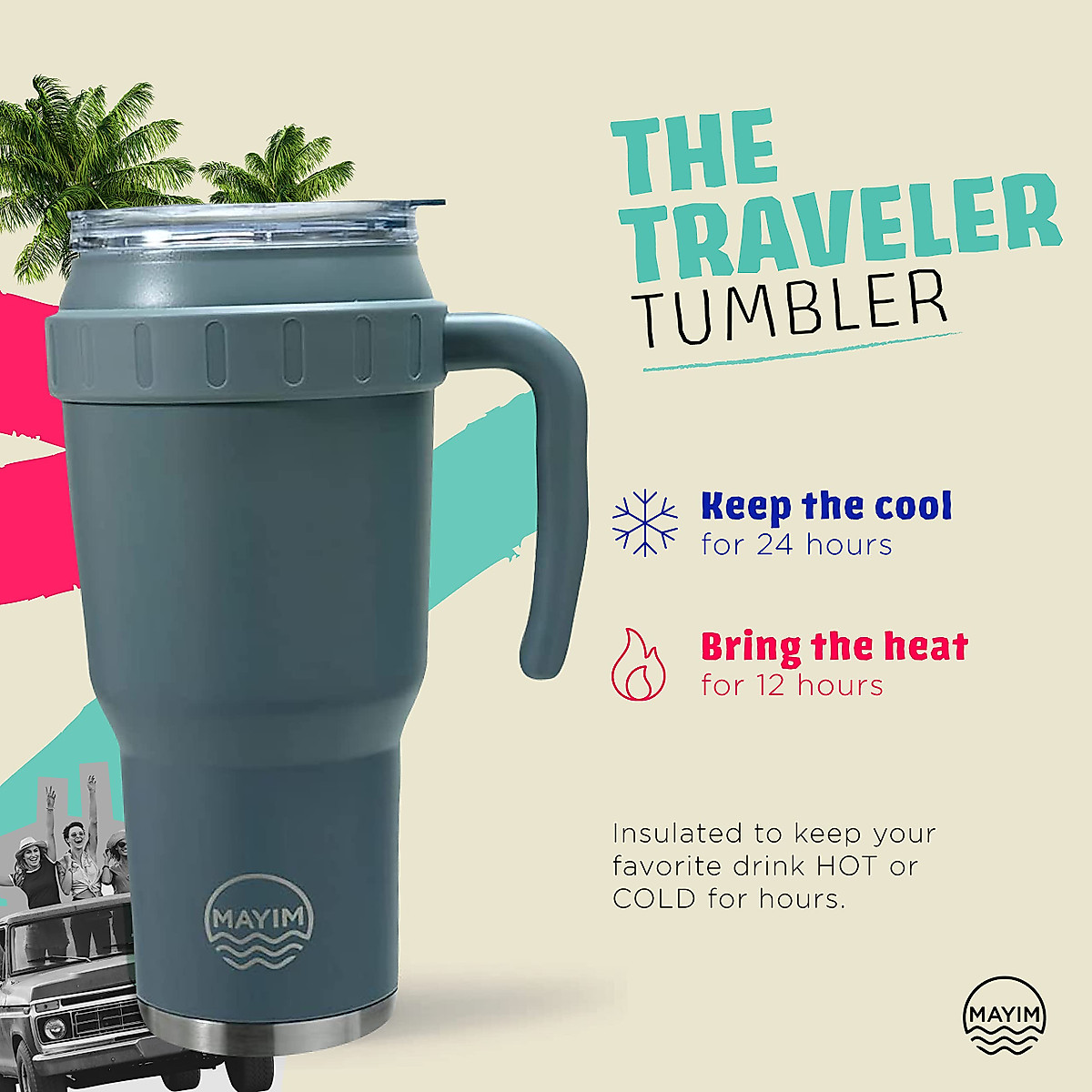 Mayim Traveler 40oz Tumbler with Handle and 2-in-1 Straw Lid, Insulated Leak Proof Double Walled Stainless Steel Coffee Travel Mug - Maintains Cold, Heat, and Ice for Hours (Storm)