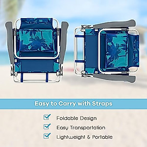 Goplus Backpack Beach Chairs, 3 Pcs Portable Camping Chairs with Cool Bag and Cup Holder, 5-Position Outdoor Reclining Chairs for Sunbathing, Fishing, Travelling (Light Blue, with Side Table)