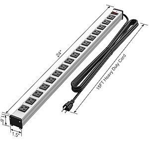 16 Outlet Power Strip, Heavy Duty Metal Power Strip with 10FT Extension Cord, Wall Mount Power Strip for Garage Workshop Warehouse Factory, ETL Certified, Silver