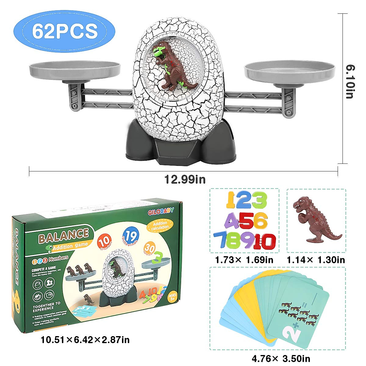 Nueplay 62PCS Balance Math Game, Kids Cartoon Dinosaur Toys STEM Educational Kindergarten Preschool Learning Counting Game for Boys & Girls, Ideal Chrismas Birthday Gift Toys for Children Toddlers