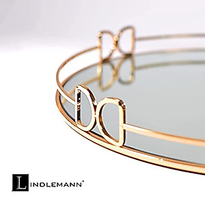 LINDLEMANN Decorative Tray - Metal Mirrored Vanity Tray with Distinctive Butterfly Handles - Elegant Design for Perfume Jewelry Makeup, Easter & Mothers' Day Gift (Glass, 16in, Gold)