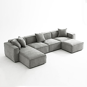 Acanva Luxury Modular Sectional Living Room Sofa Set, Modern Minimalist Style Couch with Ottoman and Chaise, U-Shape, Chenille Grey