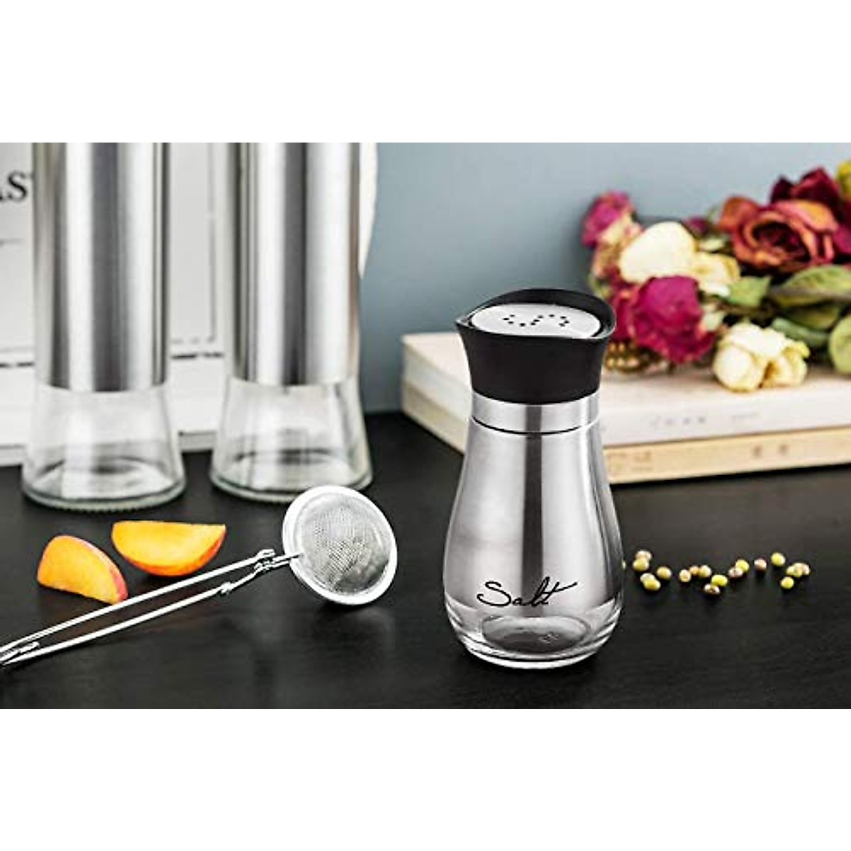 Salt and Pepper Shakers, Stainless Steel and Glass Bottle, Set of 2