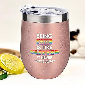 Mighun Being Gay Is Like Never Goes Away Wine Tumbler with Lid, Pansexual Bisexual LGBTQ Vacuum Coffee Tumbler, Gay Pride Stemless Insulated Wine Glasses Cup for Champaign, Cocktail, Beer
