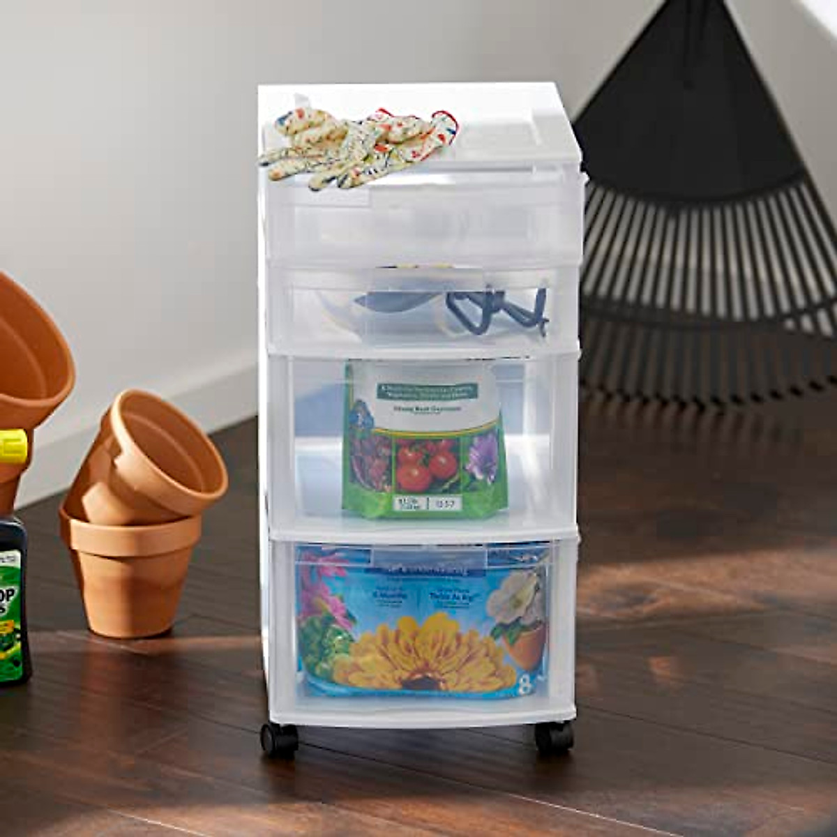 Gracious Living Resin Clear 4 Drawer Storage Chest System with Removable Rolling Casters for Garage, Basement, Utility Room, and Laundry Room, White