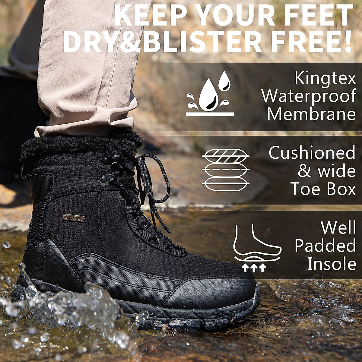 SHULOOK Men's Snow Boots Waterproof Warm Fur Lined Winter Hiking Boot Non-slip Outdoor Ankle High-top Shoes Work Hiker Trekking Trail