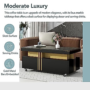 Merax Contemporary Coffee Table with Faux Marble Tabletop, Caster Wheels, and Gold Metal Bars for Living Room, 39.3 inch Length, Black