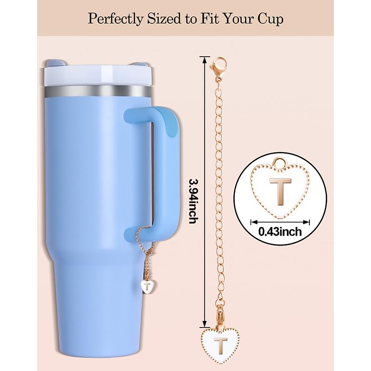 OriJoy Letter Charm Accessories for Stanley Cup, Name ID Letter Handle Charm For Stanley/Simple Modern Tumbler, Heart Shape Initial Identification Charms（T）