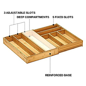 ZESPROKA Bamboo Kitchen Drawer Organizer for Utensils, Silverware, Flatware, Spoons, Fork & Knives–Adjustable Cutlery Tray Divider for Storage & Organization –8 Compartments