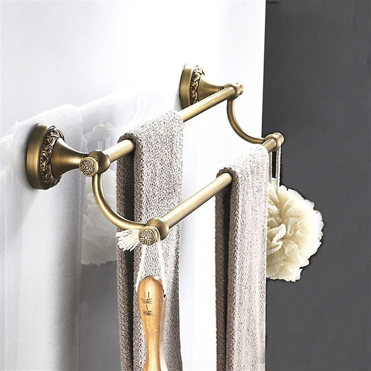 Bath Towel Bar Bathroom Hardware Bathroom Pendant, Brass Material European Bathroom Antique Towel Rack Double-Rod Towel Rail Towel Holder