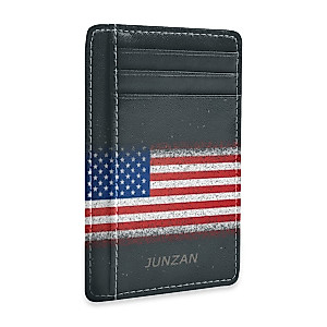 JUNZAN Slim Wallet US Flag Minimalist Wallets for Men Women Leather RFID Blocking Front Pocket Card Holder