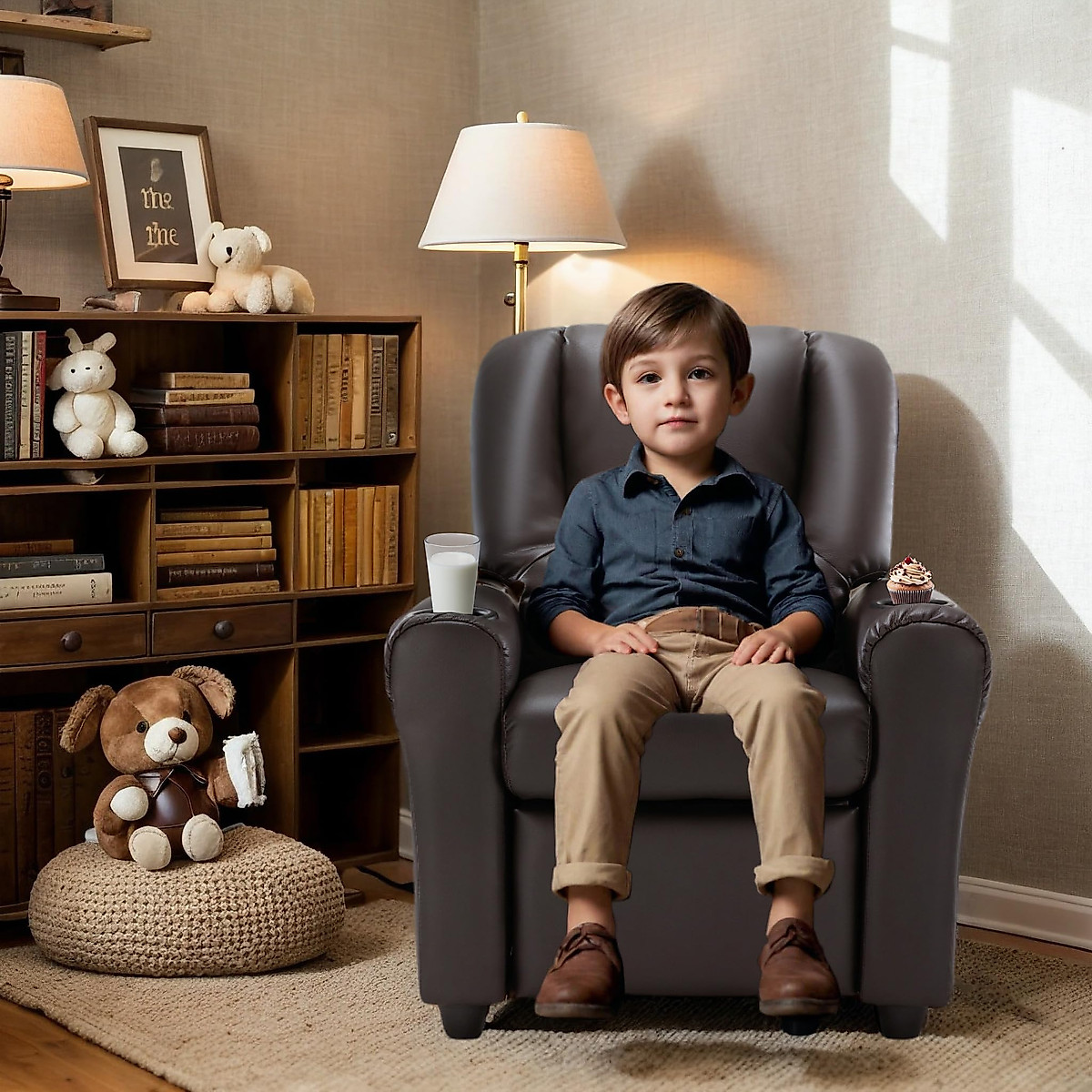 JC Home Contemporary Leather Kids Recliner with Cup Holder and Headrest, Hot Pink