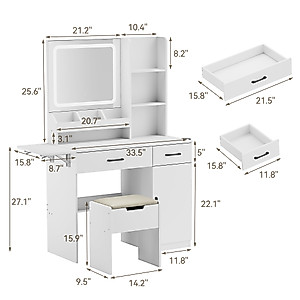 Dowinx Vanity Desk with Mirror and Light, Makeup Vanity with Power Outlet & Storage Stool, Vanity Table with 3 Drawers & 7 Open Shelves, Adjustable 3 Lighting Colors for Bedroom, White
