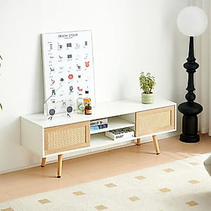 YOUGUO Rattan TV Stand for 65 Inch TV, Boho Entertainment Center with Natural Rattan Sliding Doors & Adjustable Shelf, Wood TV Media Console for Living Room, White