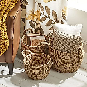 mDesign Round Braided Seagrass Woven Storage Basket with Jute Handles - Rope Weave Circle-Shaped Basket Bin for Shoe Storage in Entryway, Organizing Playroom Toys, and Laundry - Set of 3 - Natural
