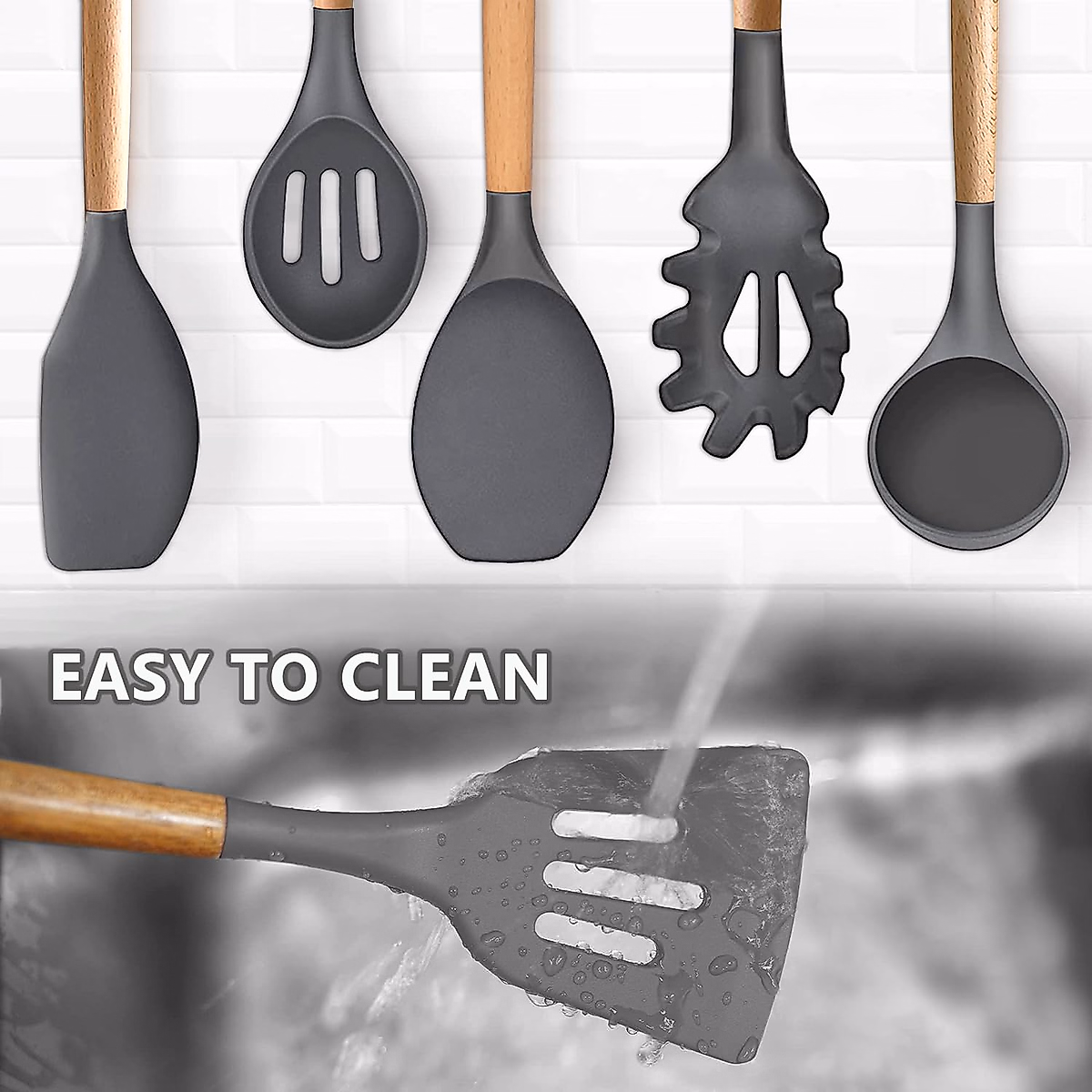 IOCBYHZ Kitchen Cooking Utensils Set, 6Pcs Silicone Cooking Kitchen Utensils Set Spatula Soup Ladle Turner Set, Heat Resistant Wooden Handle Silicone Kitchen Gadgets Utensil Set for Nonstick Cookware