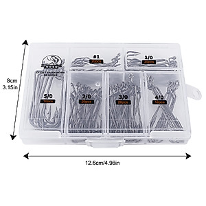 UCEC 100pcs/Box Fishing Hooks Worm Hooks Offset Shank Round Bend Worm Hooks Bass Hooks High Carbon Steel Saltwater Freshwater - 6 Sizes: #1 1/0 2/0 3/0 4/0 5/0