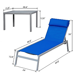 Domi 3 Pieces Adjustable Chaise Lounge Set Outdoor Patio Lounge Chair All Weather Five-Position Recliner Chair Set w/Coffee Table for Patio, Pool, Yard (Blue)