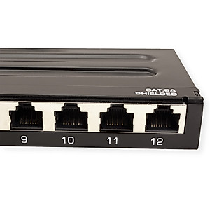 TRENDnet 12-Port Cat6A Shielded Patch Panel, 10G Ready, Cat5e,Cat6,Cat6A Compatible, Metal Housing, Color-Coded Labeling for T568A and T568B Wiring,Cable Management,Wall Mountable, Black,TC-P12C6AS