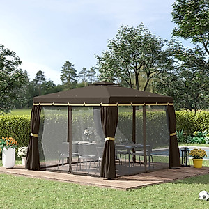 Outsunny 10' x 10' Patio Gazebo, Aluminum Frame Double Roof Outdoor Gazebo Canopy Shelter with Netting & Curtains, for Garden, Lawn, Backyard and Deck, Coffee