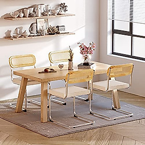 Brafab Mid Century Modern Dining Chairs Set of 2, Accent Kitchen Chairs with Natural Rattan Backrest, Modern Industrial Upholstered Metal Chairs for Dining Living Room Kitchen（White）