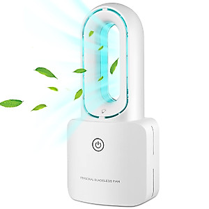Bladeless Desk Fan Rechargeable, Small Bladeless Personal Fan Quiet Mini Table Fan, 12''Small Fan for Bedroom and Office, USB or 4000mAh Battery Operated, with Touch Control 6-Colors LED Light