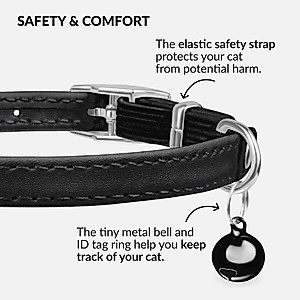CollarDirect Leather Cat Collar with Bell - Kitten Collar, Small and Big Cat Collar for Boy Cats, Girl Cats with Safety Elastic Strap (Neck Fit 8"-11", Black)