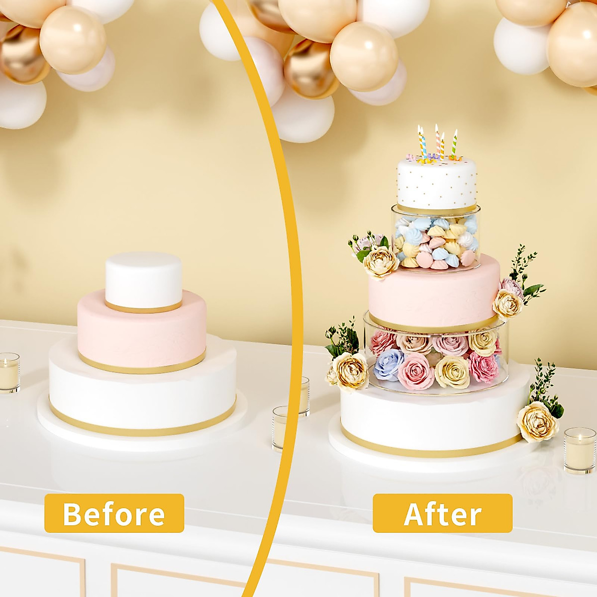 2 PCS Clear Acrylic Cake Stand, FEMELI Fillable Cake Box Case Tier Holder, Cylinder Round Cake Riser Display Box with Lid, Centerpiece Cake Base with Lights for Birthday Wedding Party Decor(10*4, 6*4)