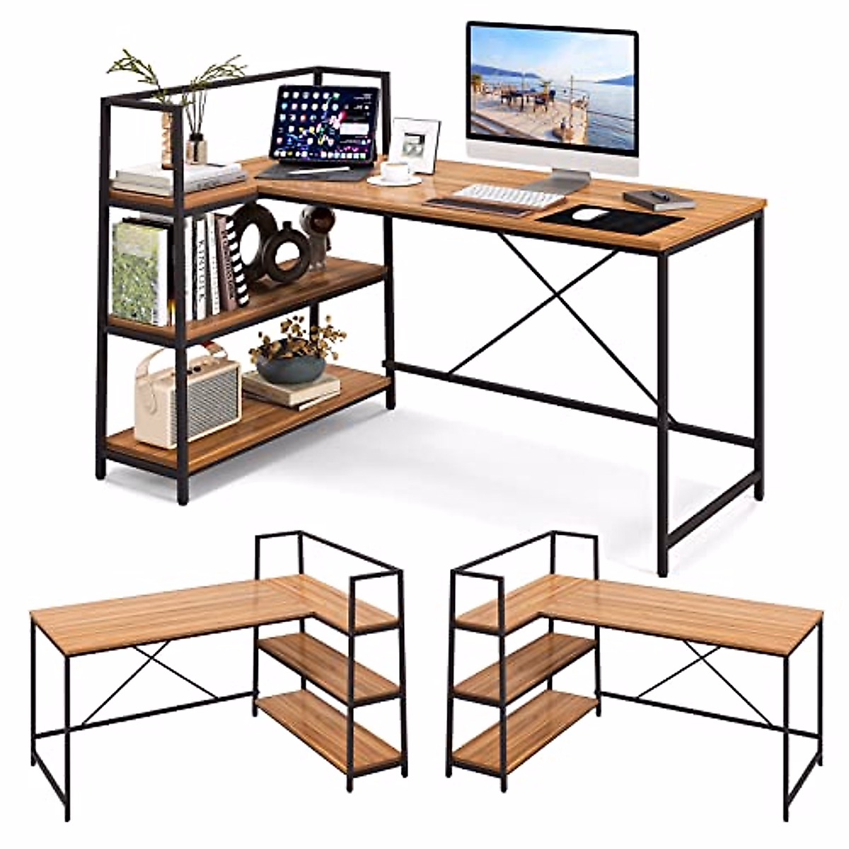 Tangkula Reversible L-Shaped Computer Desk, Space Saving Corner Desk with 3-Tier Storage Shelves & Metal Frame, Modern Executive Home Office Desk, PC Laptop Desk Workstation for Small Space (Walnut)