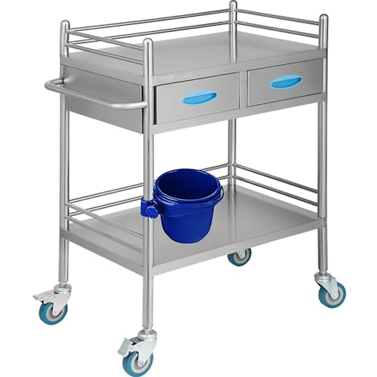 VEVOR Lab Serving Cart, 2 Layers Stainless Steel Utility Rolling Cart, Medical Cart with Two Drawers, Dental Utility Cart with Lockable Wheels and A Bucket, for Laboratory, Hospital, Dental Use