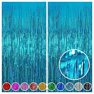 Melsan 2 Pack 3.2 ft x 8.2 ft Teal Tinsel Foil Fringe Curtains Backdrop, Sparkle Metallic Foil Curtains for Birthday Party Decoration