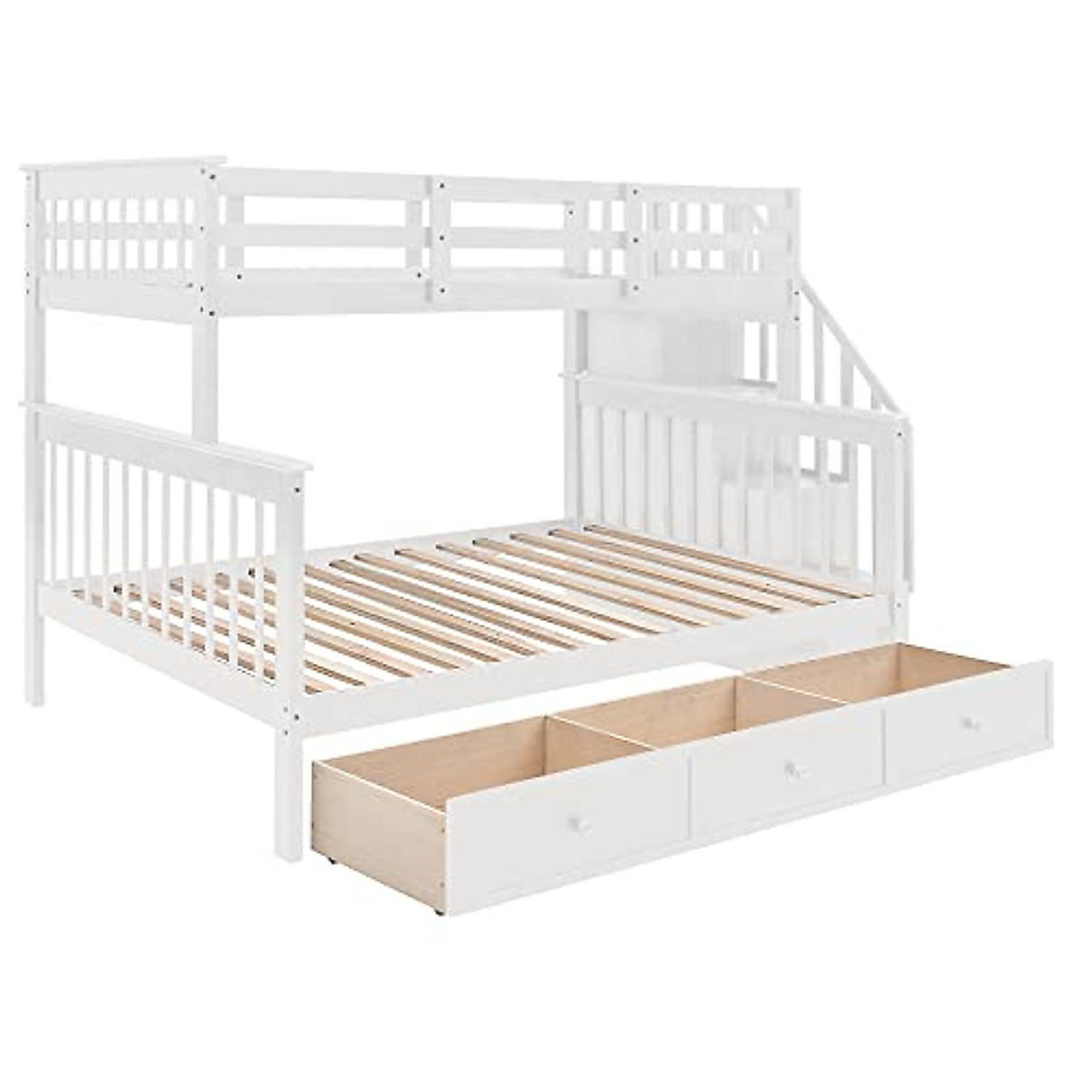 MERITLINE Twin Over Full Bunk Bed with Stairs, Wood Bunk Bed Frame with Storage Drawers and Shelves, No Box Spring Needed, White