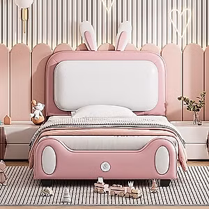 CJLMN Upholstered Rabbit Shaped Princess Bed Pink Platform Bed, Twin Size Wood Bed Frame with Bunny Ears Headboard and Bunny Tail Footboard, Kids Bedroom Furniture Fun Cute Rabbit Bed