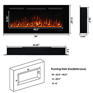 Dreamflame Electric Fireplace 50inches, Wall-Mounted & Recessed Fireplace Inserts, Multicolor Flame w/5 Dimmer, Remote Control Thermostat, Timer, Overheating Protection, Hardwire Connect, 1500W,Black