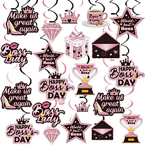 48 PCS Boss Day Decorations Pink and Black Happy Boss's Day Party Banner National Bosses Day Decorations for Women Office Hanging Streams Ceiling Swirls Rose Gold Glitter Supplies Favors Decor