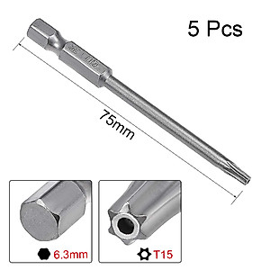 uxcell 5 Pcs T15 Magnetic Torx Screwdriver Bits, 1/4 Inch Hex Shank 3-inch Length S2 Security Tamper Proof Screw Driver Kit Tools