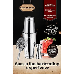 KITESSENSU Boston Cocktail Shaker Set, 4-Piece Boston Shaker Tins Bartender Kit with 18oz & 28oz Mixed Drink Shaker, Hawthorne Strainer, Double Measuring Jigger, Cocktail Recipe Cards Included