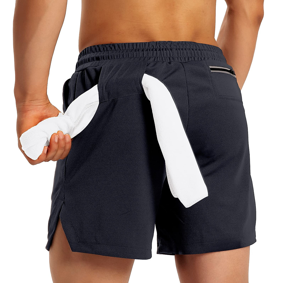 CNRUWE Mens Workout Running Shorts Lightweight Breathable Gym Athletic Shorts 5 inch Inseam Short Men with Zipper Pockets,Navy Blue M