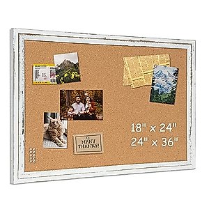 Cork Board Bulletin Board - 4 THOUGHT 24 x 18 Inches Cork Notice Pin Board Memo Board with Vintage Style White Wooden Frame for Display and Organize Home, Office and Kitchen, 10 Push Pins