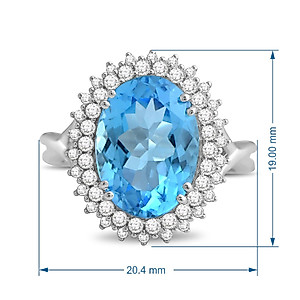 Jewelili Sterling Silver 14x10 MM Oval Swiss Blue Topaz and Round Created White Sapphire Solitaire Ring Size 7