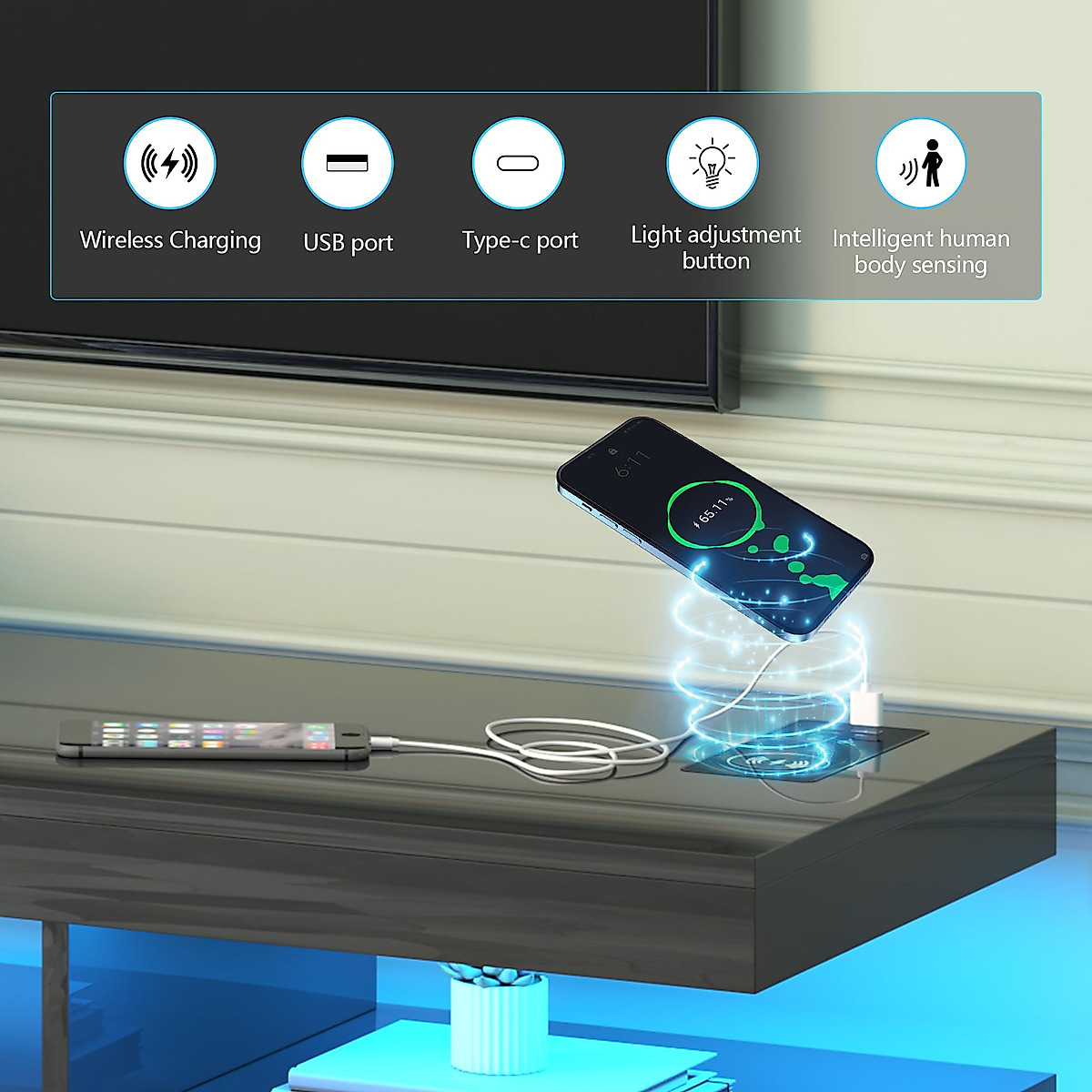 LVSOMT High Gloss Entertainment Center with 3-Colors Lighting, LED Modern TV Stand for 65+ inch TV, Home Storage Cabinet, Console Media Cabinet for Living Room (Pearl Black)