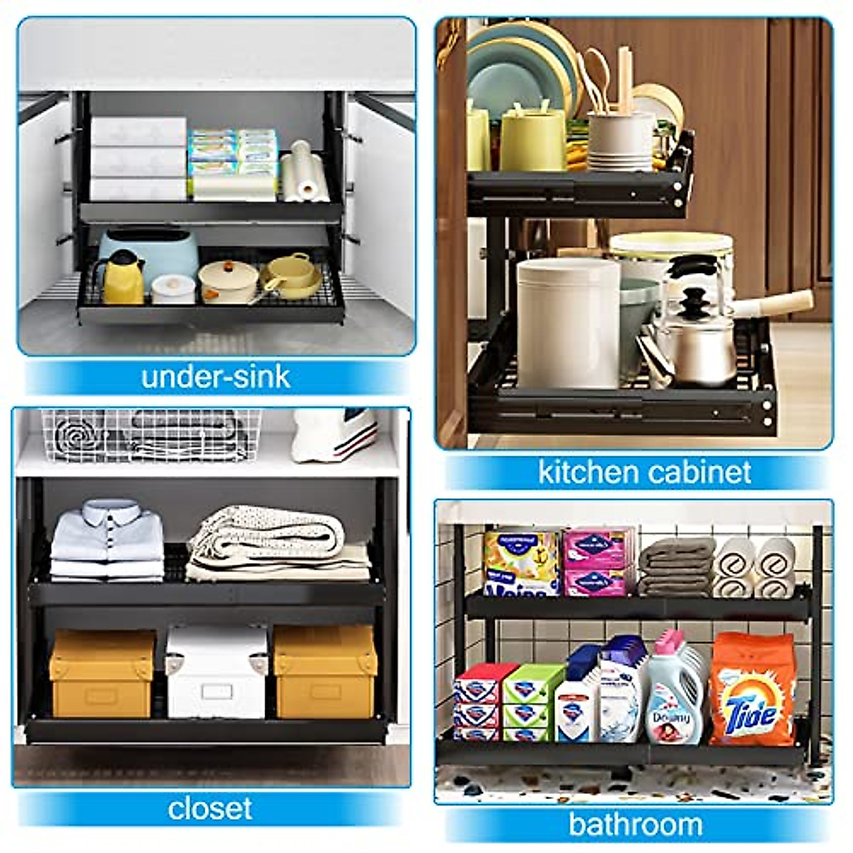 2 Tier Expandable Pull Out Cabinet Drawer Organizer, Slide Out Pantry Shelves Sliding Drawer Storage for Home Cabinet Shelf, Under Cabinet Storage, Adjustable Cabinet Shelf Organizers -24.4"x17“x37.8"