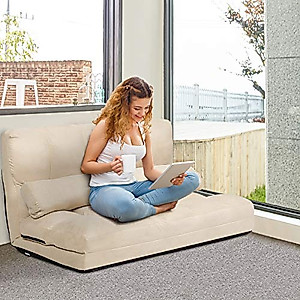 S AFSTAR Safstar Floor Folding Couch and Futon Sofa, 6-Position Fabric Sleeper Sofa Bed with 2 Pillows and Sponge Filling, Adjustable Lazy Sofa for Living Room and Bedroom(Beige)