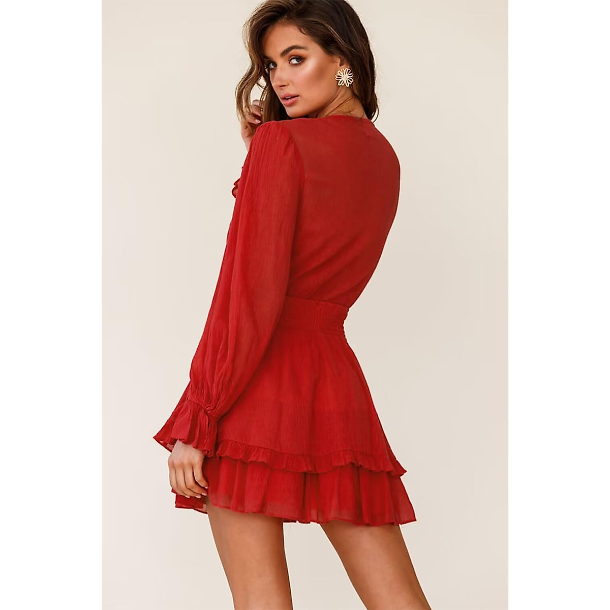 Dokotoo Womens Casual Spring Summer Sexy V Neck Ruffle Elegant Long Sleeve Empire Waist Tie Knot Cute Chiffon Boho Beach Tunic Swing A Line Flowy Mini Short Skater Dresses for Women 2024 Red M