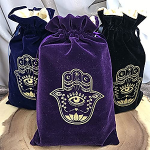 ARTSY CRAFTS 6x9" Hamsa Hand Purple Velvet Jewelry Pouch Gift Bags, Fatima Hand Evil Eye Velvet Drawstring Bags, Tarot Rune bag, Dice Bag, Travel Bags (Eggplant Purple)