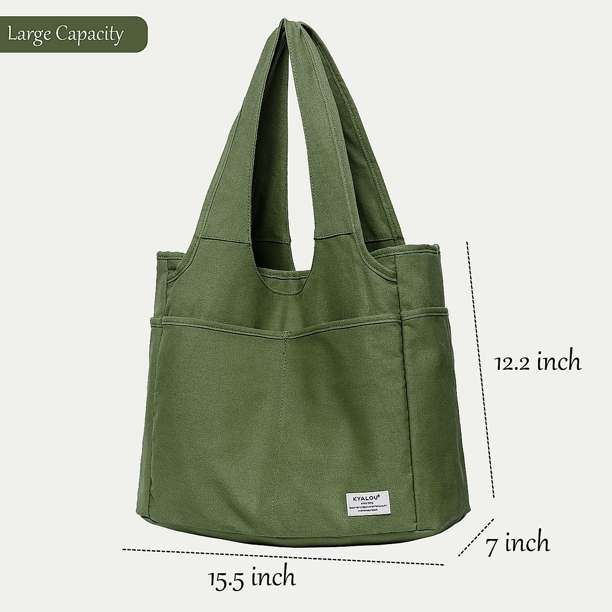 KYALOU Utility Large Canvas Tote Bag with Pockets, Women Casual Shoulder Bags with 13 Exterior & Interior Pockets for Work Gym Beach Travel Shopping Grocery (Green)