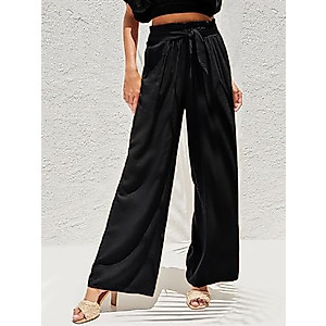 Sucolan Black Wide Leg Pants for Women Lightweight High Waisted Palazzo Work Pants Dressy Casual Adjustable Tie Knot Loose Trousers with Pockets XL