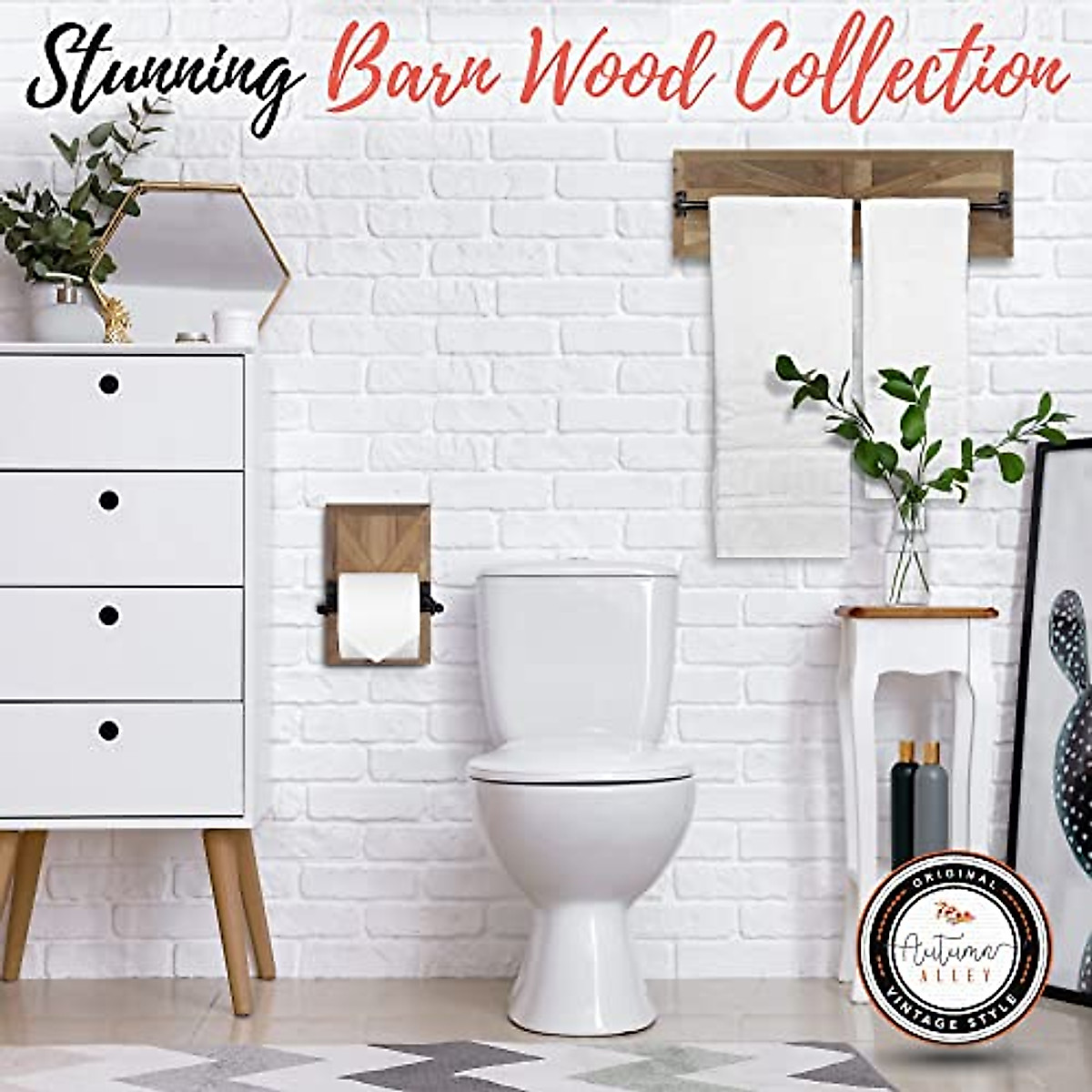 Autumn Alley Rustic Farmhouse Towel Rack – Stunning Barn Wood Farmhouse Bathroom Decor for Wall – Expertly Inlaid Wood with Matte Black Bar for Rustic Bathroom Decor