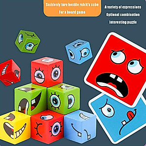 Wooden Face Changing Magic Cube Game, Expression Puzzle Building Blocks Pattern Matching Game with Bell, Educational Puzzles Toy Board Games for Kids and Adults