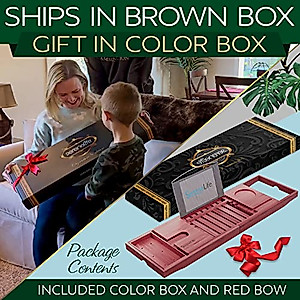 SereneLife Bamboo Bathtub Caddy with Luxury Gift Box and Red Gifting Ribbon Extendable & Adjustable Tray with Device/Book Holder with Removable Trays for Bath Accessories (Stain Brown)